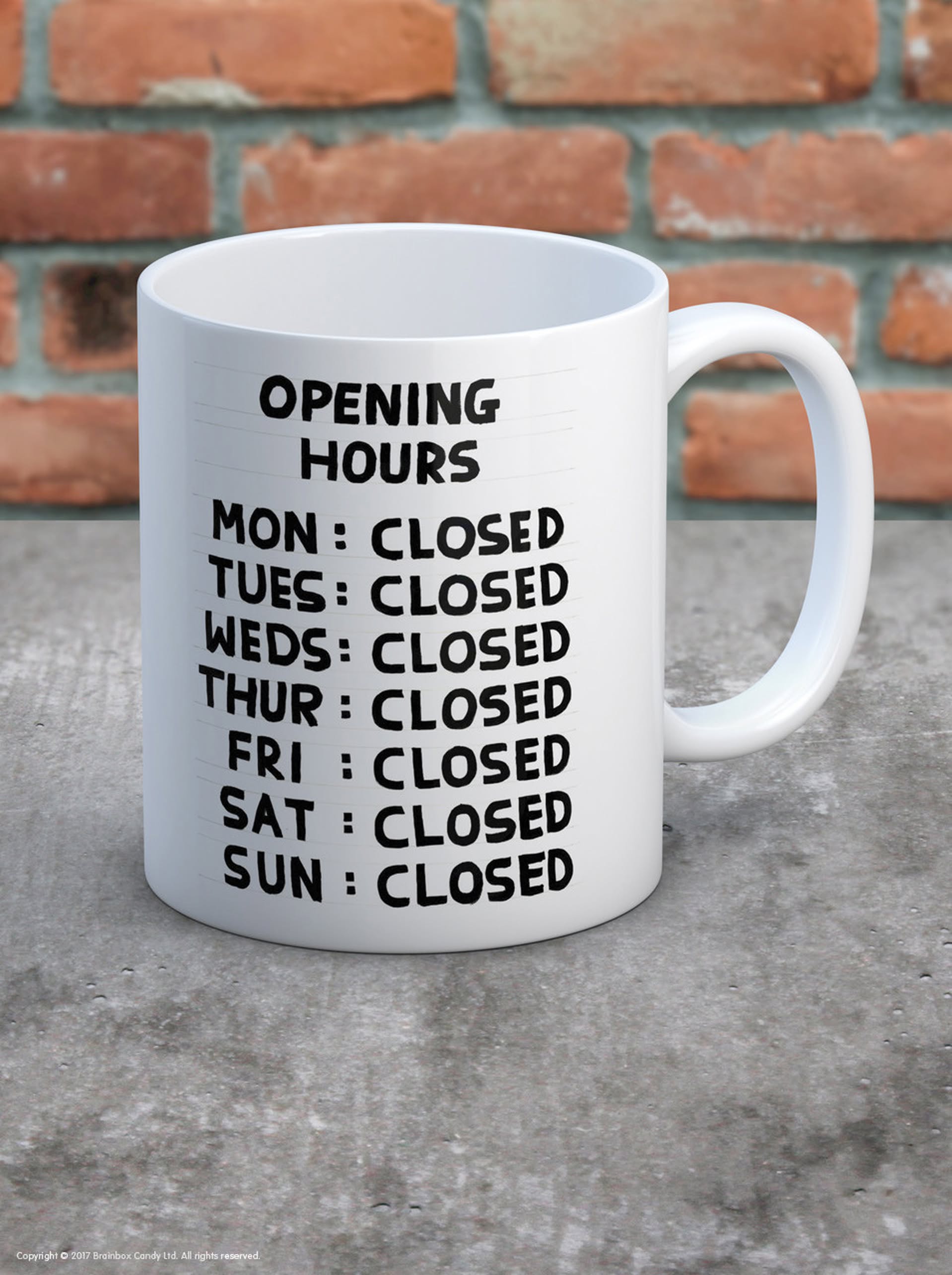 Brainbox Candy David Shrigley - Opening Hours Mug - Stacked Store